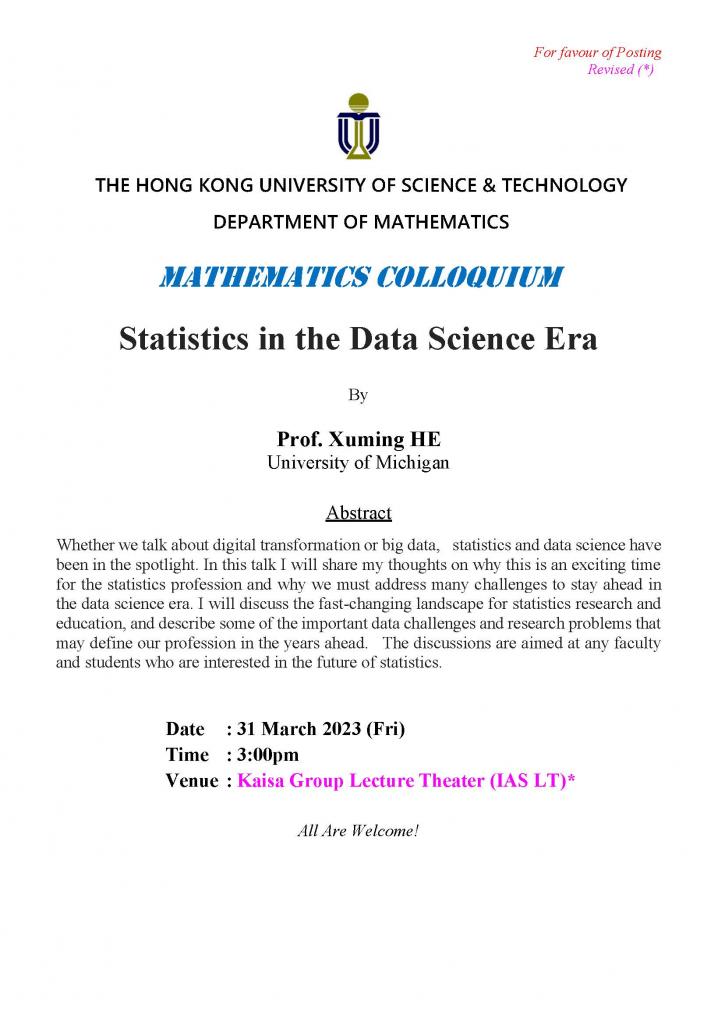 Department Of Mathematics Mathematics Colloquium Statistics In The Data Science Era